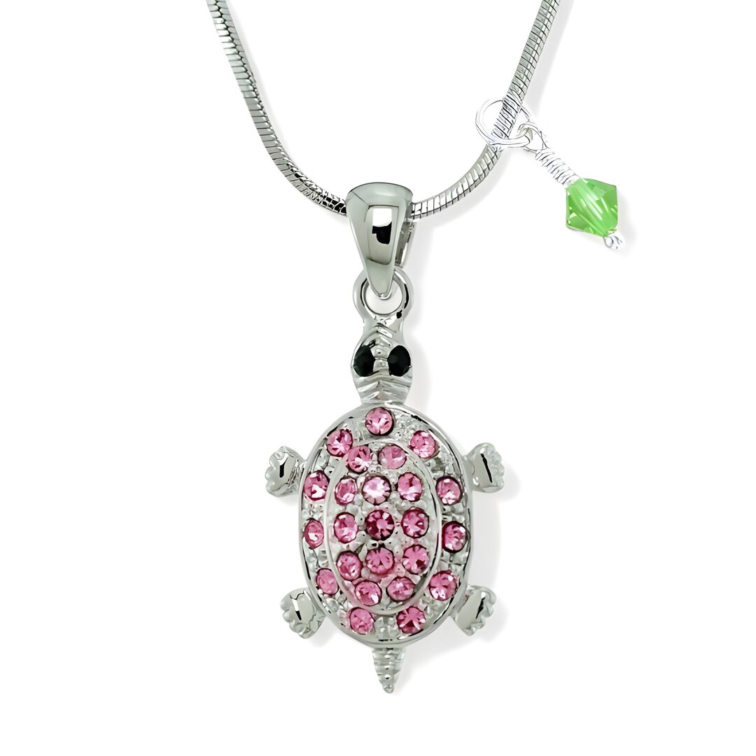 Custom Pink Turtle Necklace Birthstone, Swarovski Crystal Pendant ...