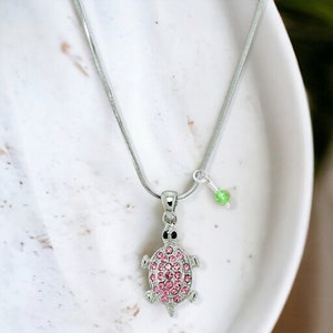 Custom Pink Turtle Necklace Birthstone, Swarovski Crystal Pendant ...