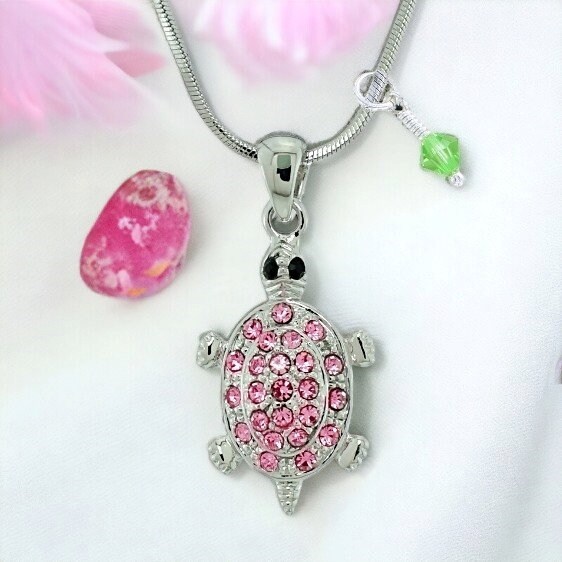 Custom Pink Turtle Necklace Birthstone, Swarovski Crystal Pendant ...
