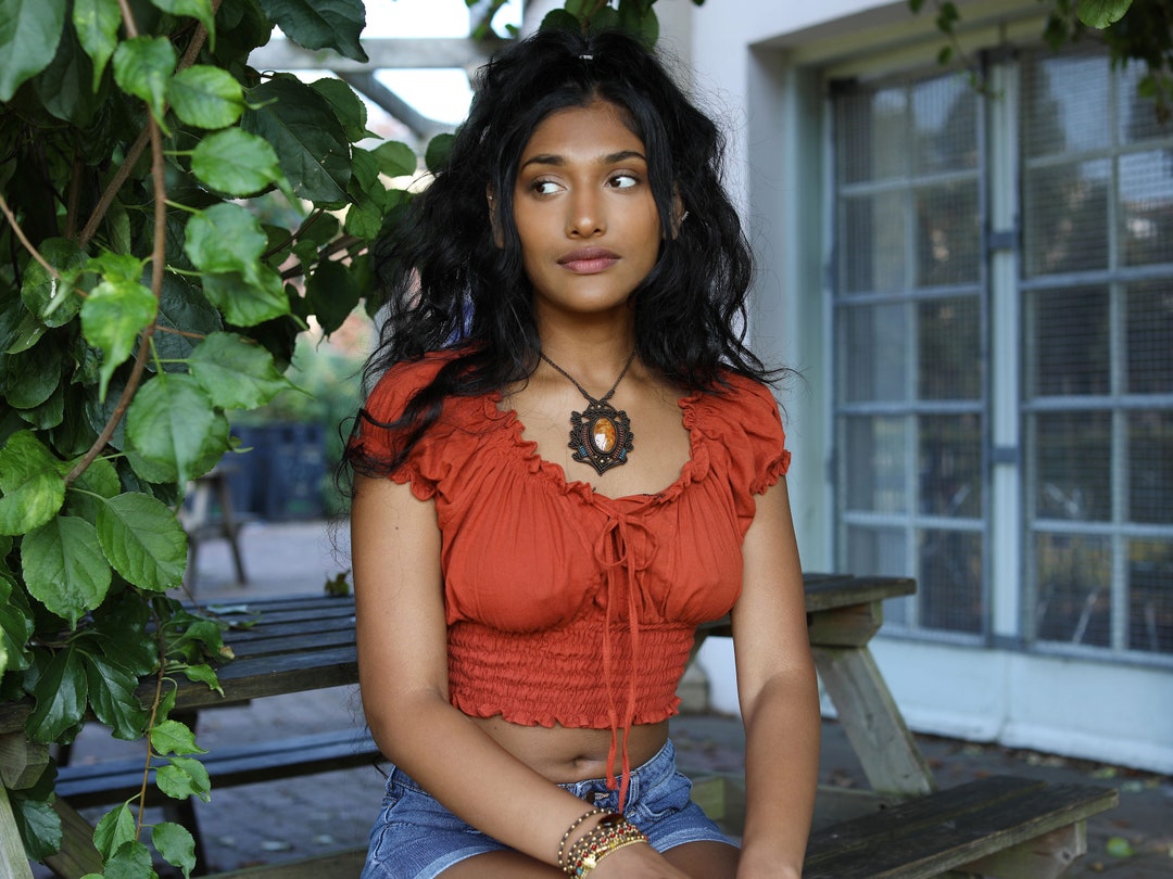 Dark Orange Boho Gypsy Crop Top, off the Shoulder Cotton Pagan Top ...