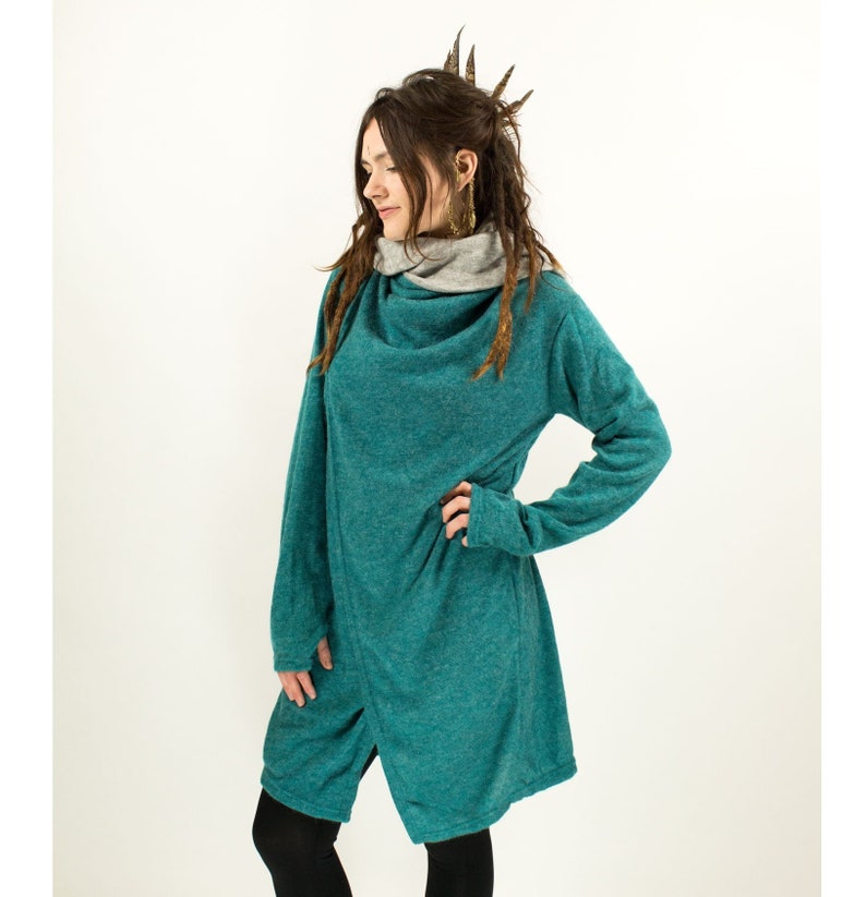 Turquoise Hooded Long Cardigan Pixie Psytrance Knitted Wrap | Etsy UK