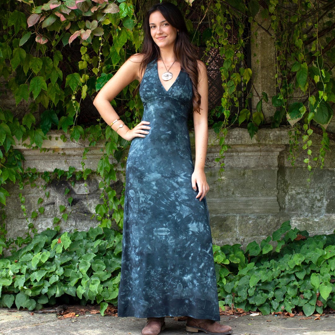Blue Stonewash Maxi Dress, Cross Back Boho Dress, Hippie Mandala Dress ...