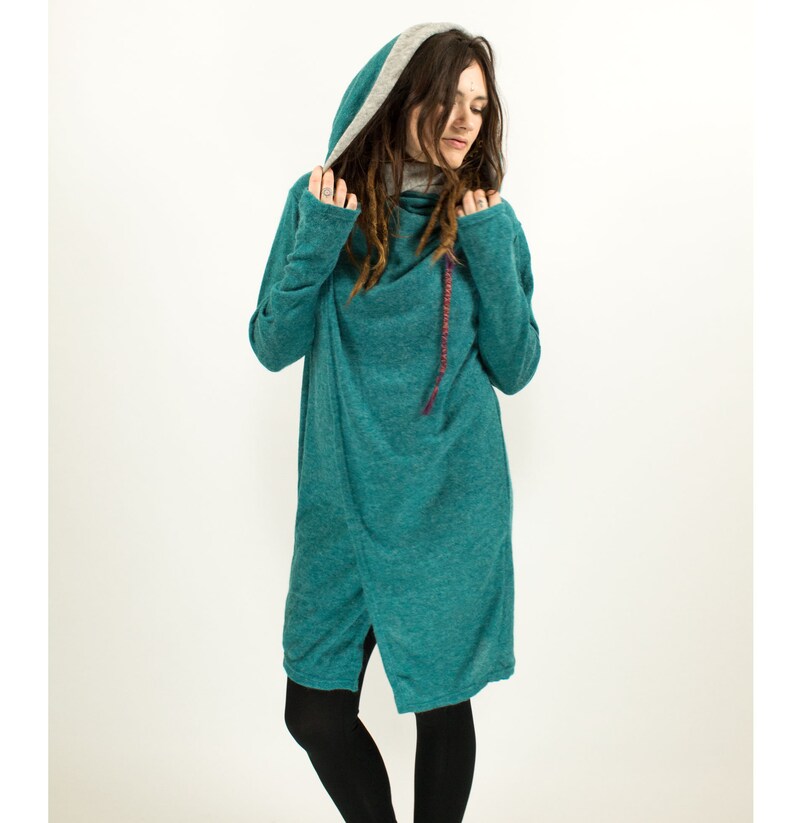 Turquoise Hooded Long Cardigan Pixie Psytrance Knitted Wrap | Etsy UK