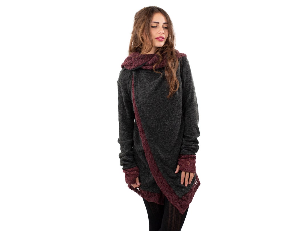 Charcoal Lace Crochet Hooded Hippie Cardigan, Psy Trance Jacket, Boho ...