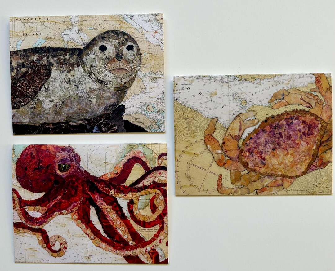 Sea Life Collage Art Note Card: Octopus, Crab, Seal - Etsy