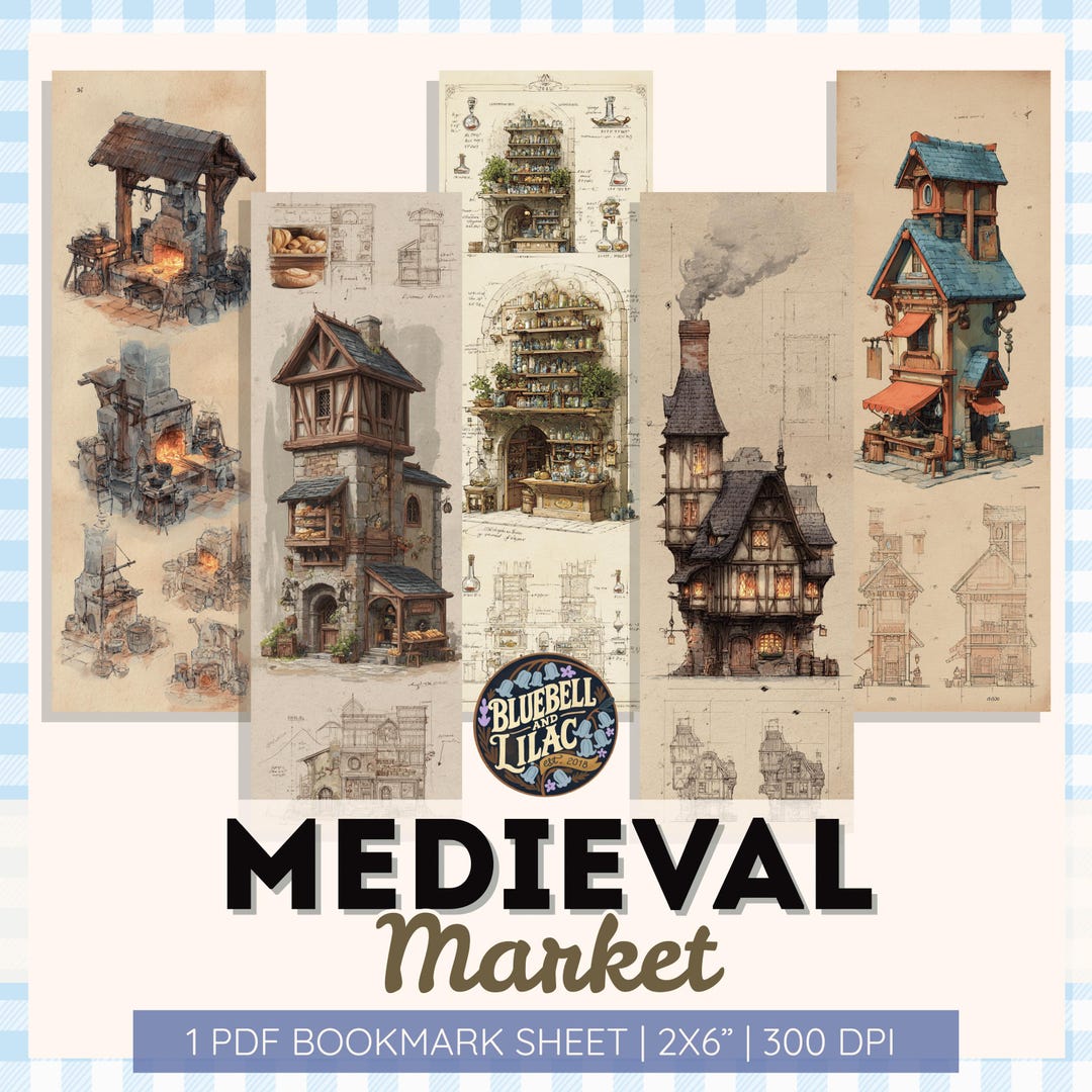Fantasy Medieval Building Bookmarks – RPG Village Art, Vintage Sketch ...