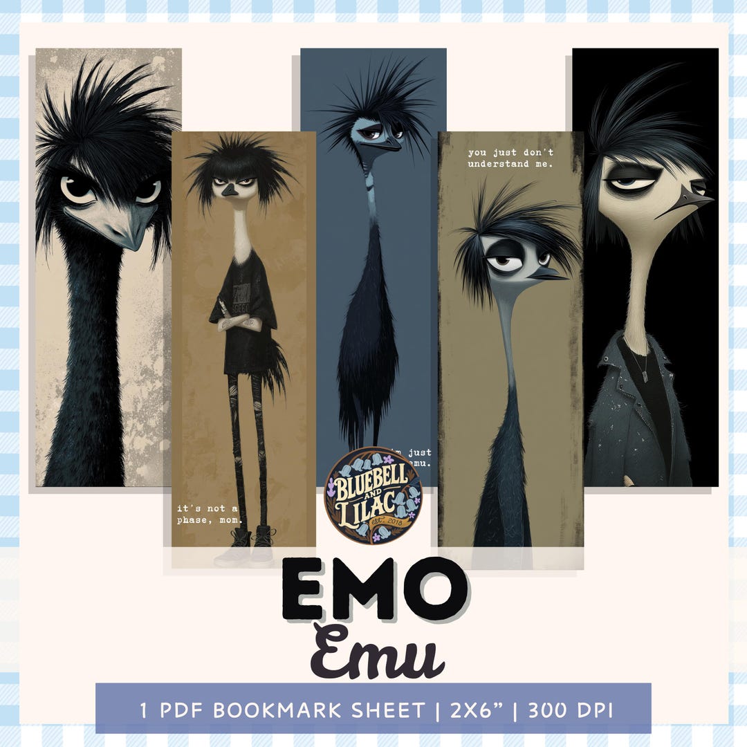 Emo Emu Bookmark Set – 5 Printable Illustrated Bookmarks – Funny Emo ...