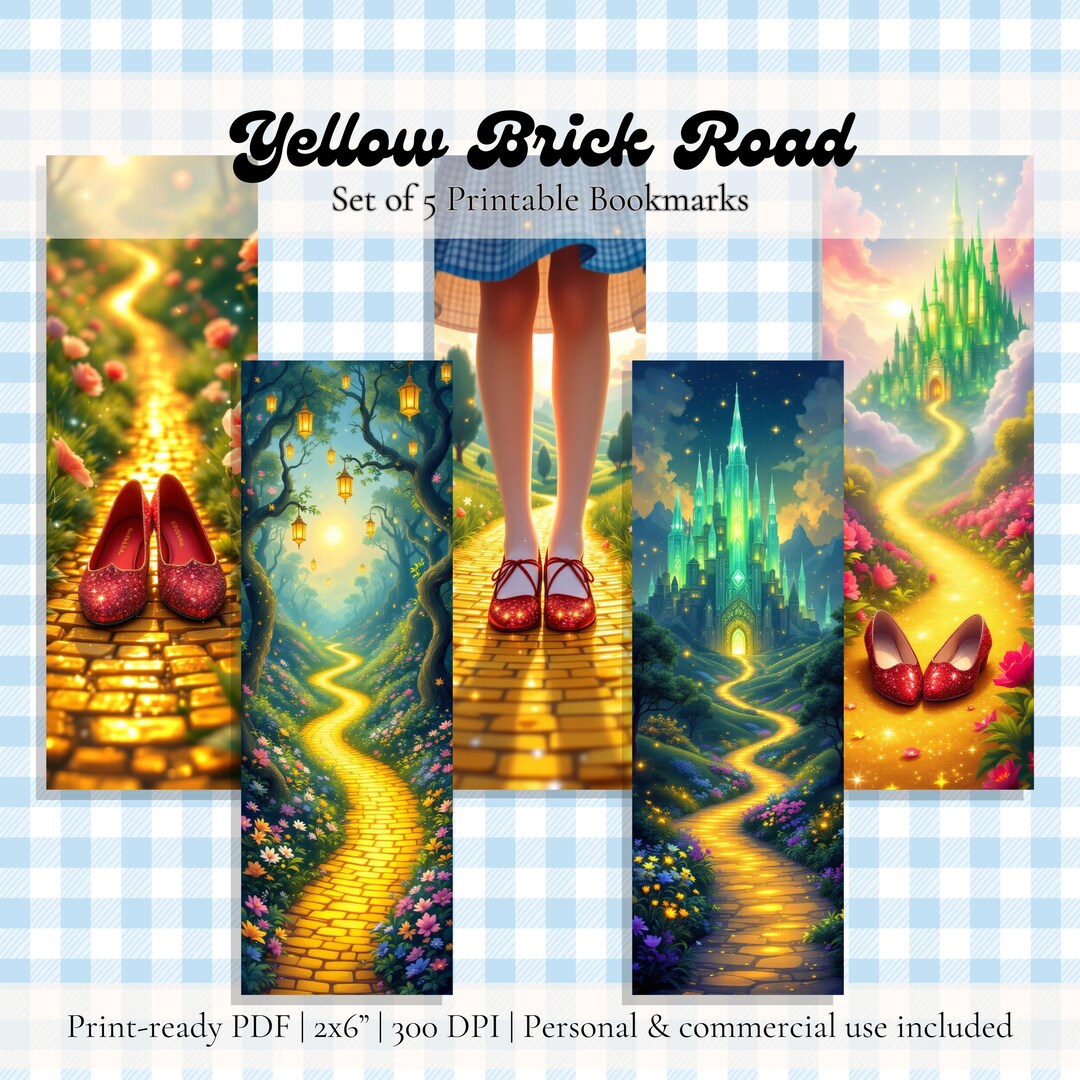 Yellow Brick Road Wizard of Oz Bookmarks, Printable Set of 5, Red Shoes ...