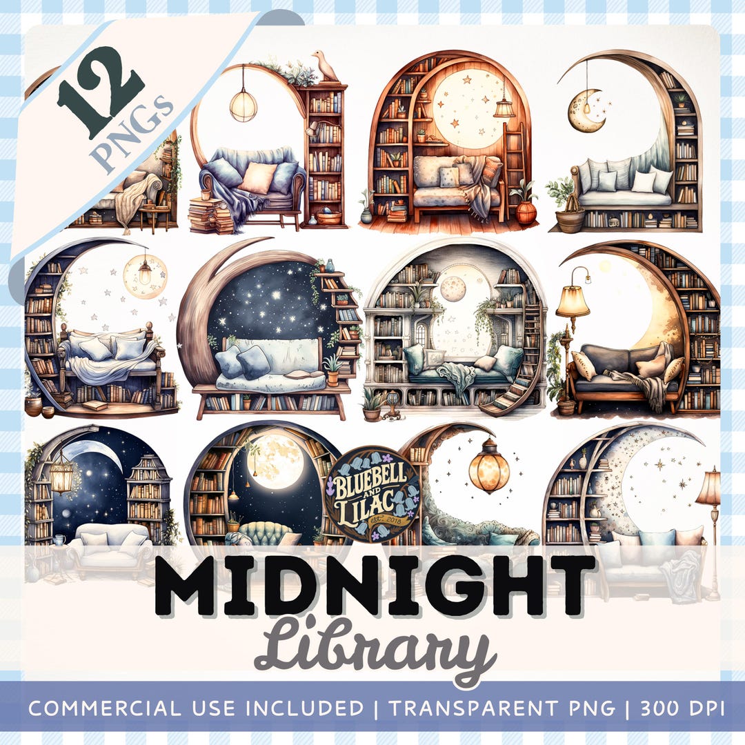 Moon Book Nook Clip Art | Watercolor Crescent Moon Library Graphics ...