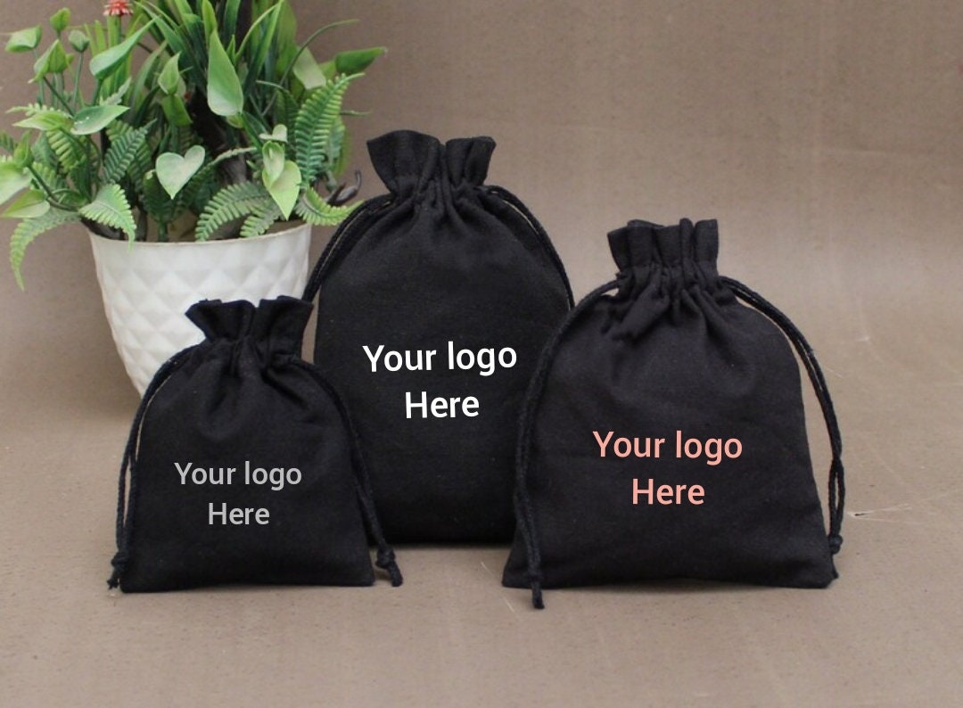 100 Black Cotton Drawstring Bags, Small Cotton Bag, Custom Black Logo ...