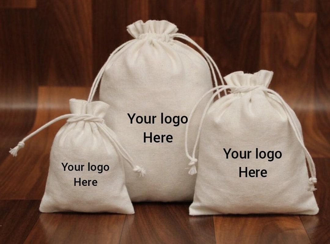 100 White Cotton Drawstring Bags, Custom Logo Bags, Custom Cotton Logo ...