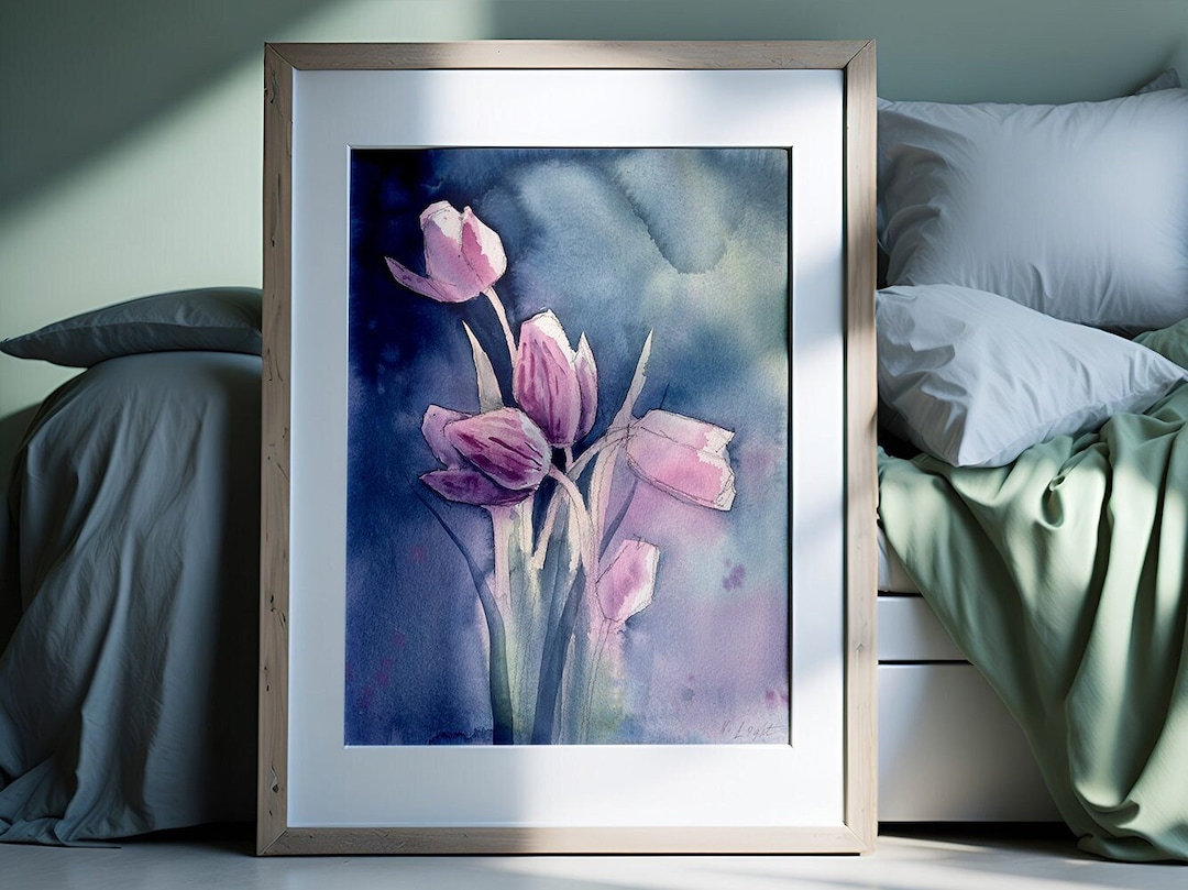 Tulips Watercolor Painting | Floral Art Print | Blue and Pink Flowers ...