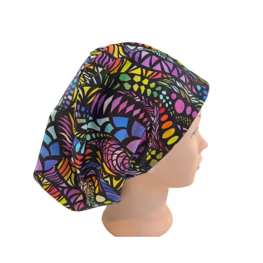 Scrub Hat Satin Lined Option Bright Multicolor Geometric Print Scrub ...