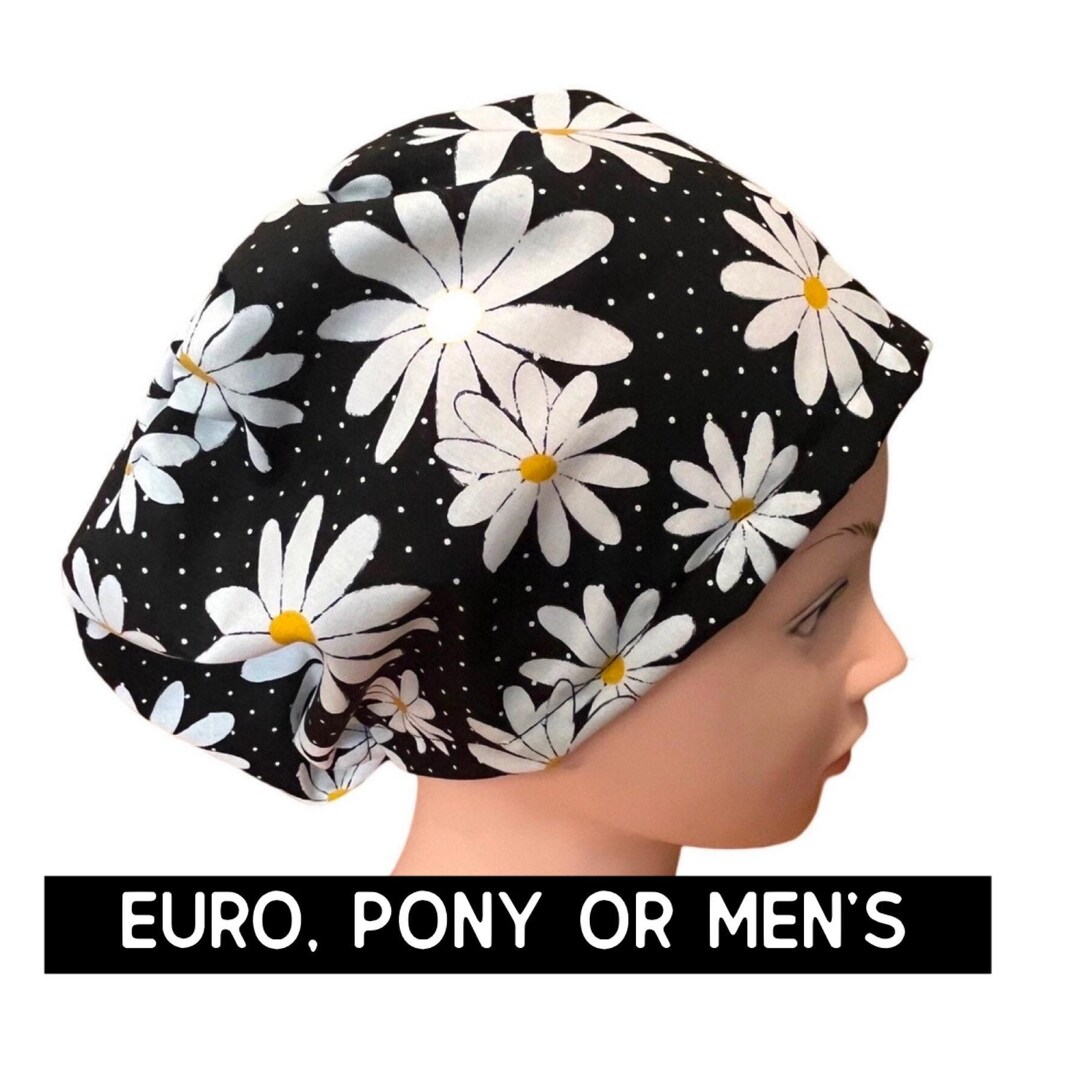 Daisy Scrub Hat | Satin Lined Option | Black With White Flower Print ...