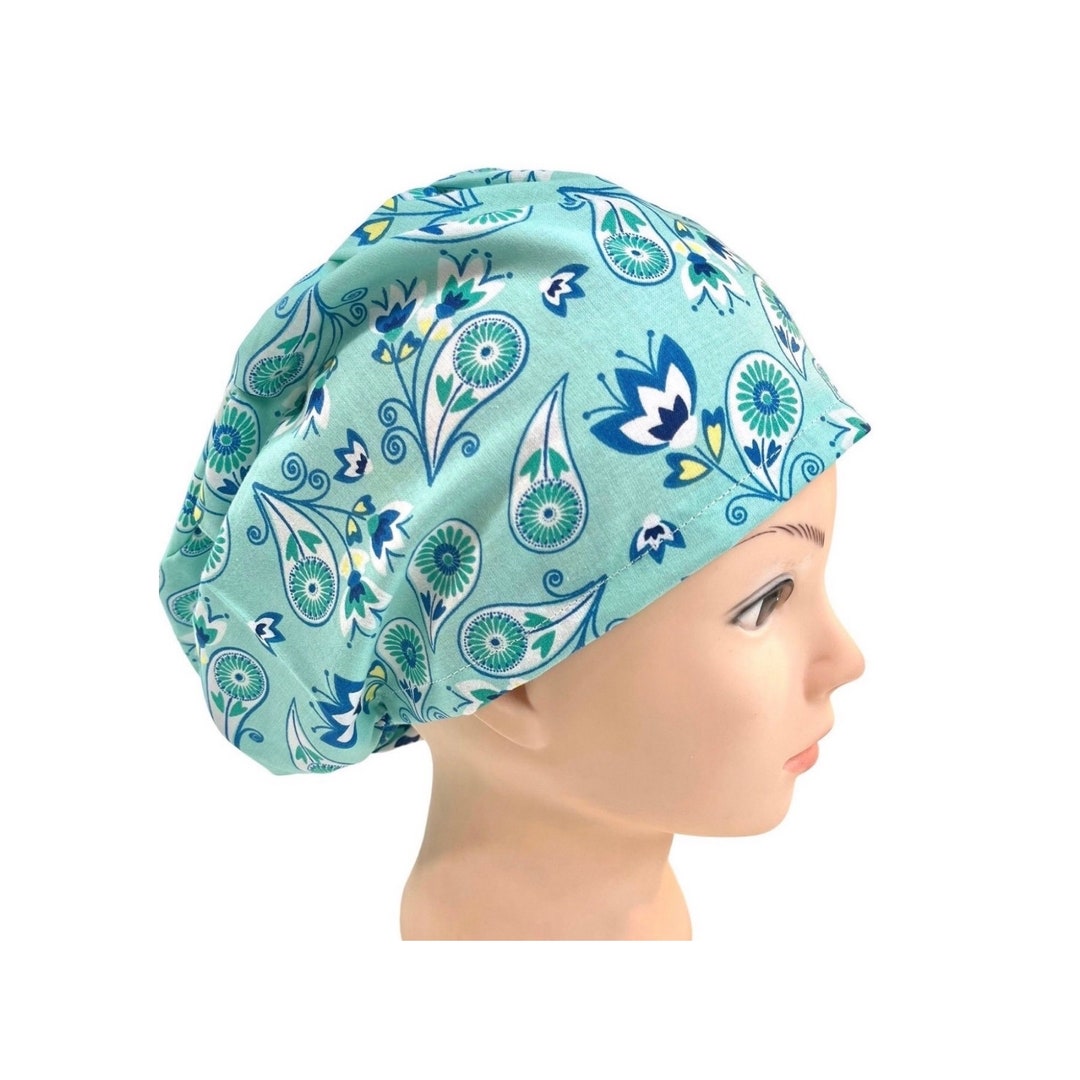 Blue Floral Print Scrub Cap | Satin Lined Option | Women’s Euro Style ...