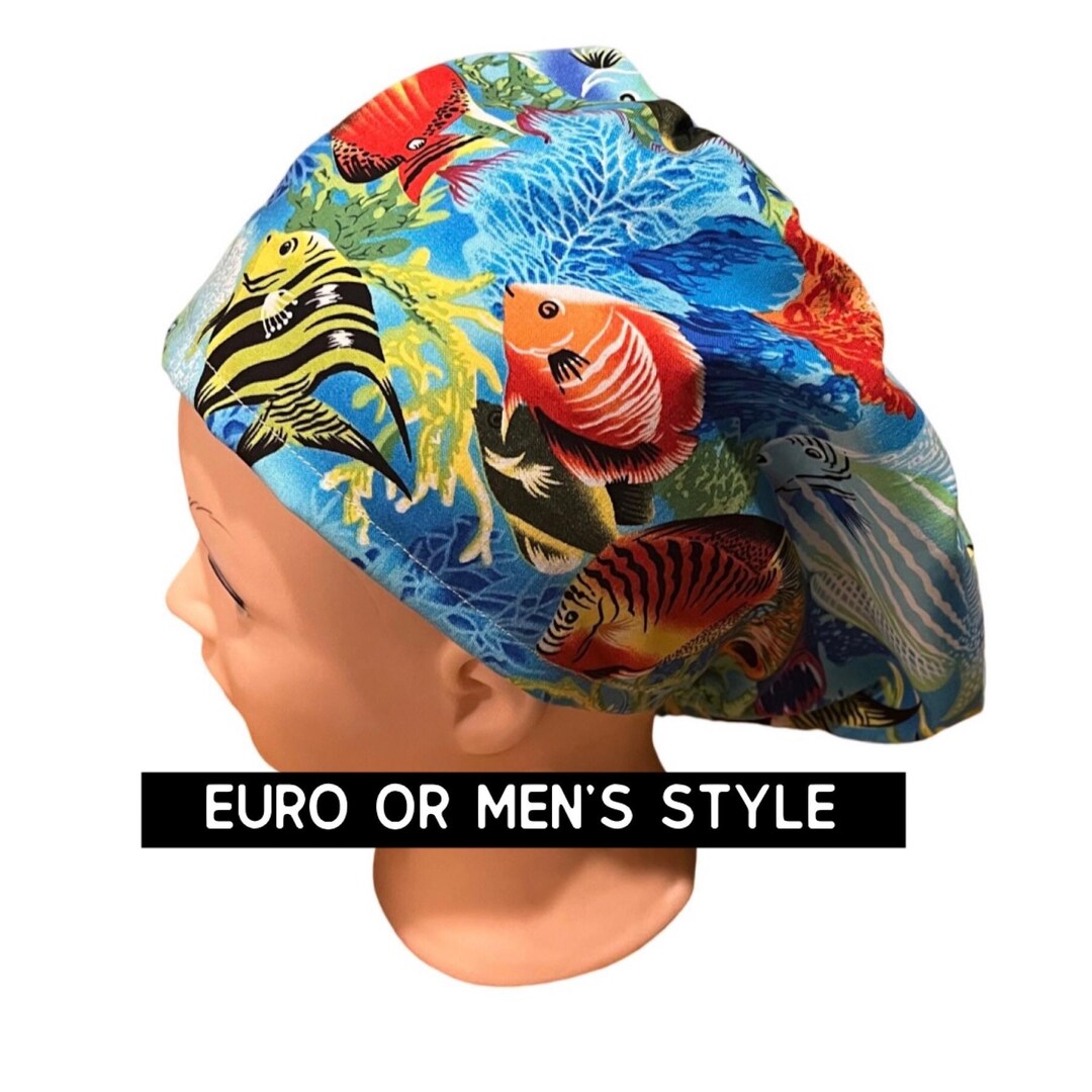 Fish and Ture Scrub Hat | Satin Lined Option | Underwater Print Scrub ...