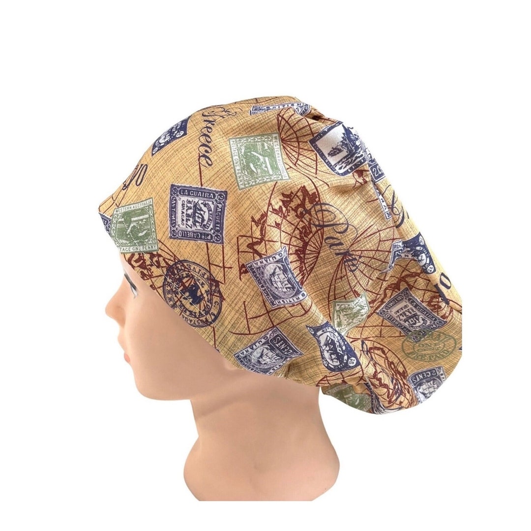 Travel Scrub Hat Map and Postage Print Scrub Cap Womens Euro Scrub Hat ...