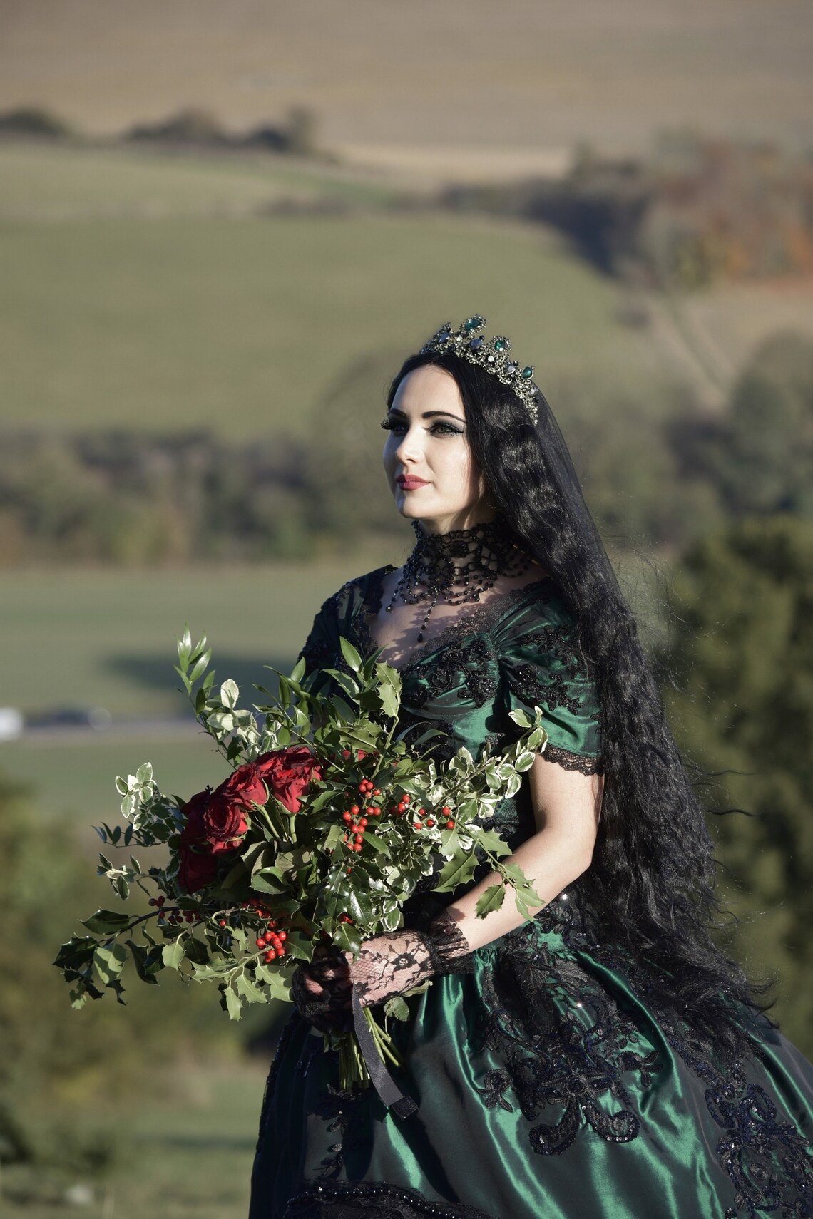 Emerald Green Royal Gothic Wedding Embroidered Bridal Gown Unique Haute ...