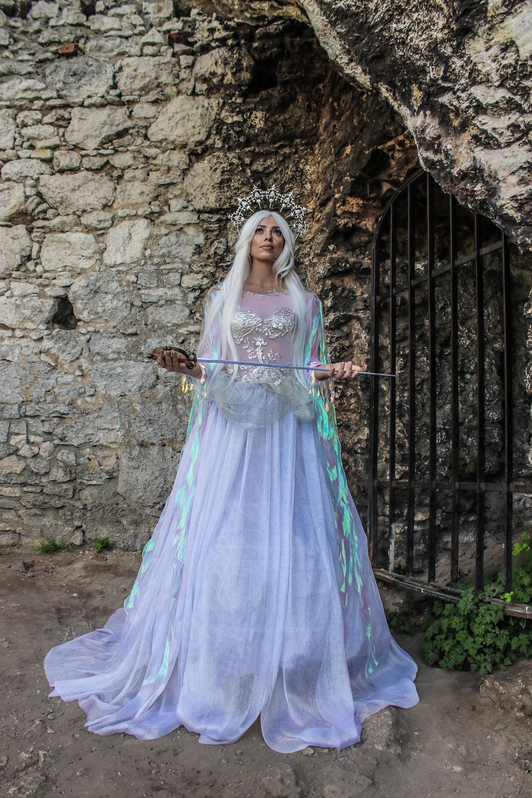 White Silver Moon Goddess Gown Bridal Wedding Dress Swarovski Crystals ...