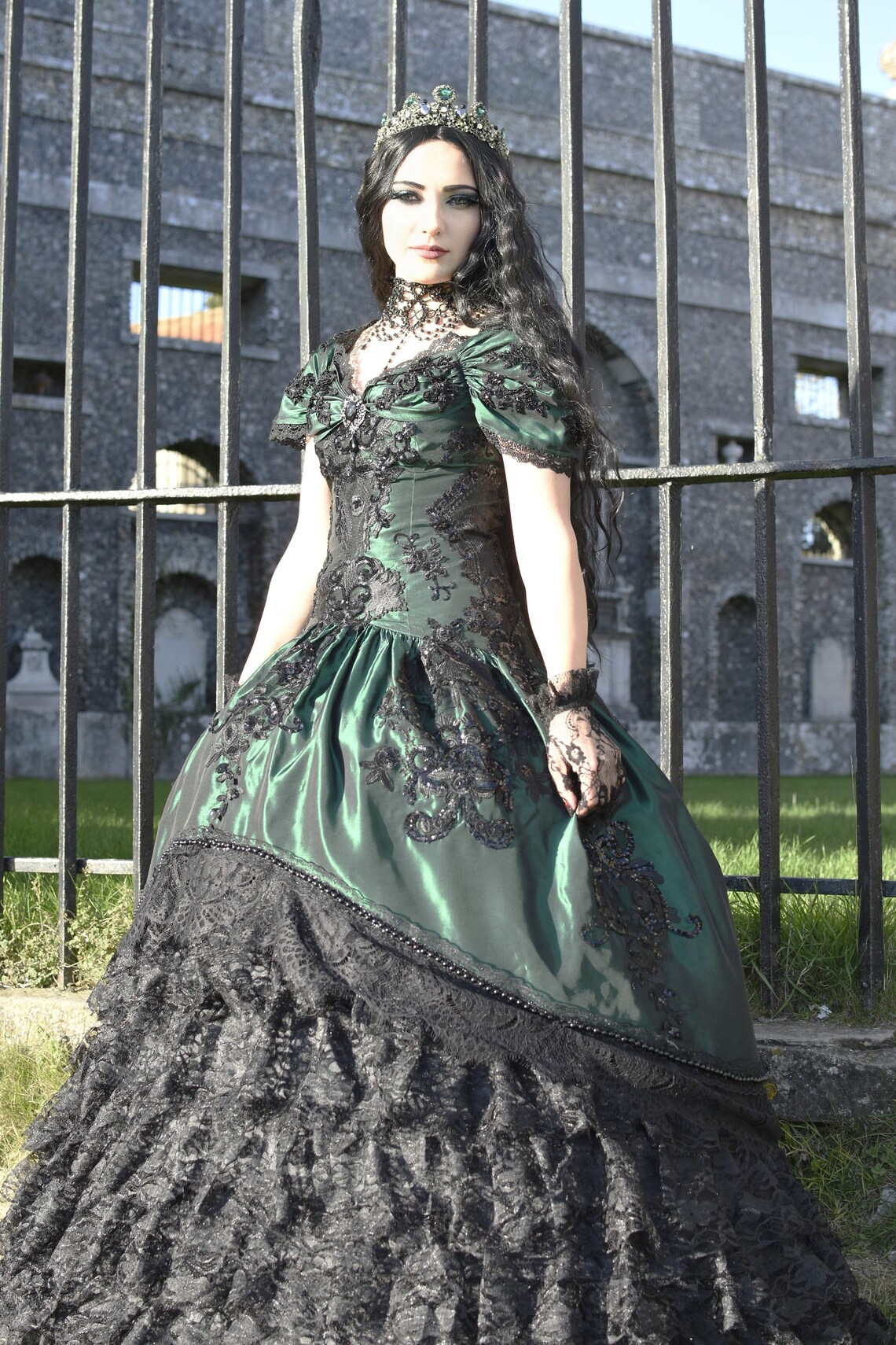 Emerald Green Royal Gothic Wedding Embroidered Bridal Gown - Etsy
