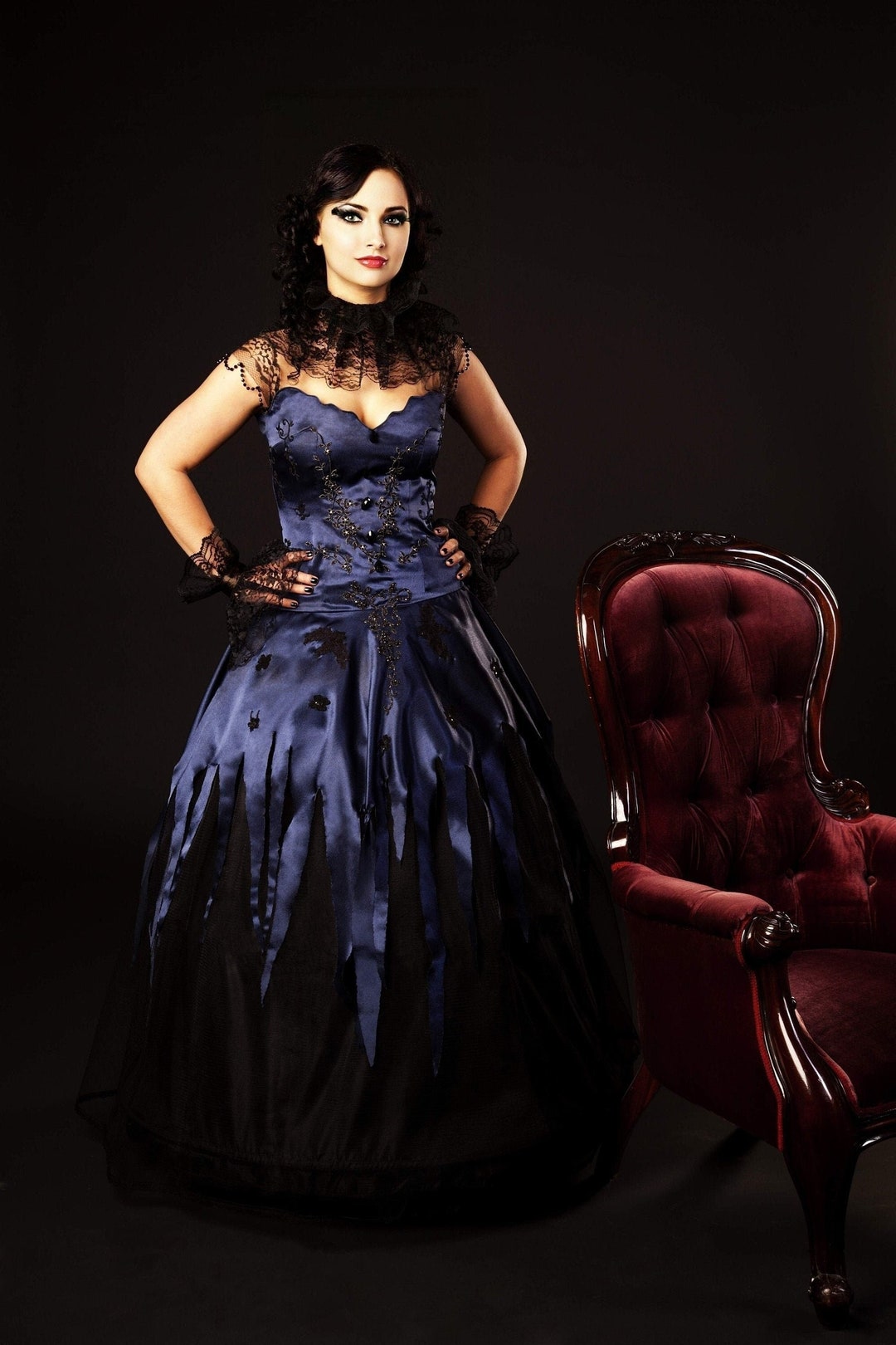 Navy Blue Victorian Gothic Vampire Baroque Gown Unique Haute Couture ...