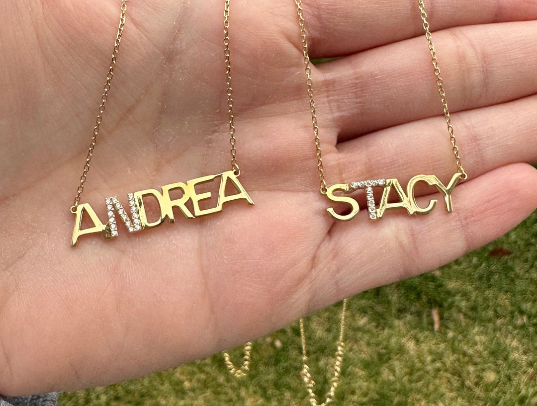 Sterling Silver 14K Gold Plated Stacy Block Nameplate Necklace | Name ...