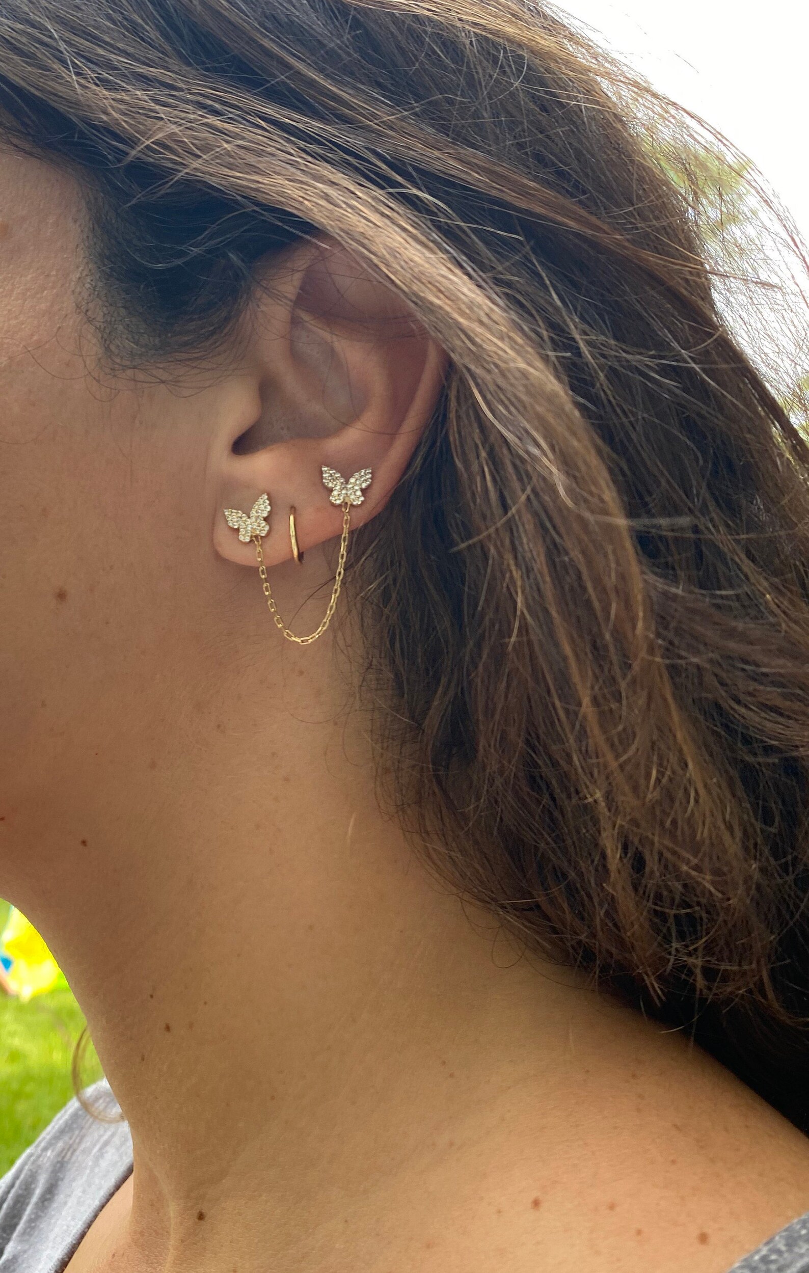 Pave Double Butterfly Chain Earrings/studs. Chain Earrings. Butterfly ...