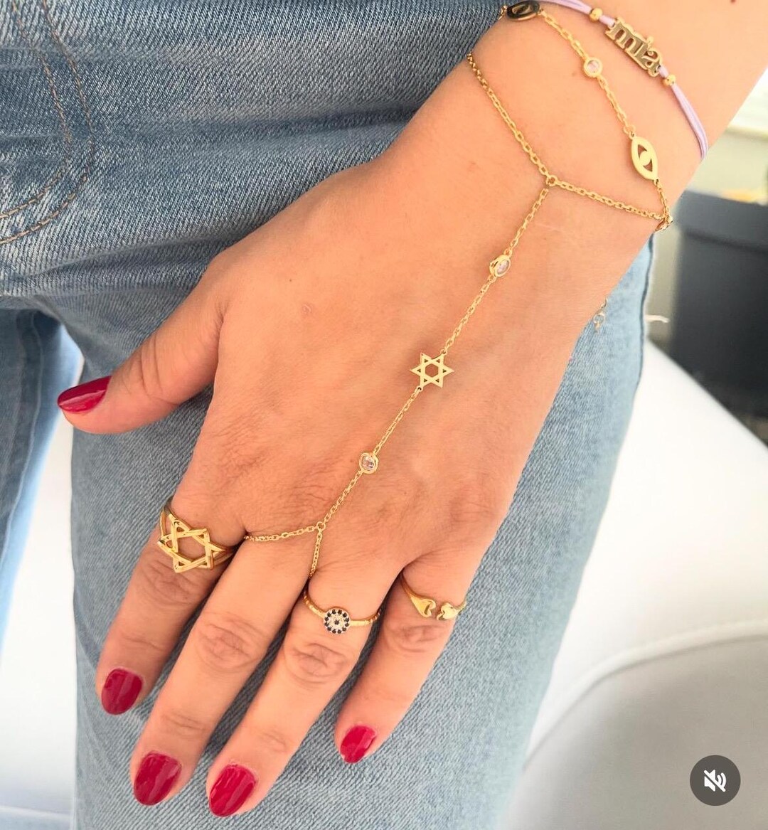Sterling Silver Gold Plated Hand Chains | Evil Eye Hand Chain | Jewish Star Hand Chain | Star of ...