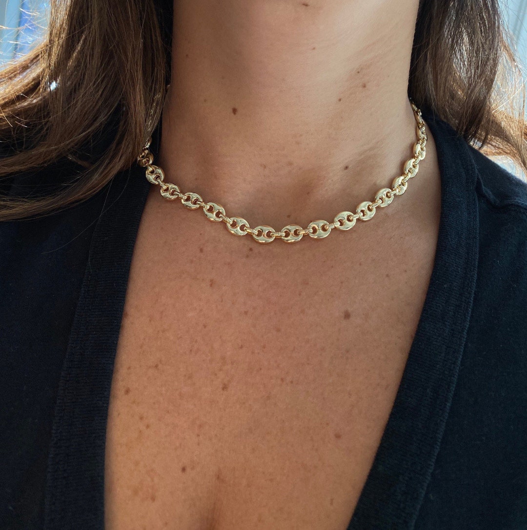 18K Gold-filled Puffed Mariner Link Choker | Mariner Chain Necklace ...