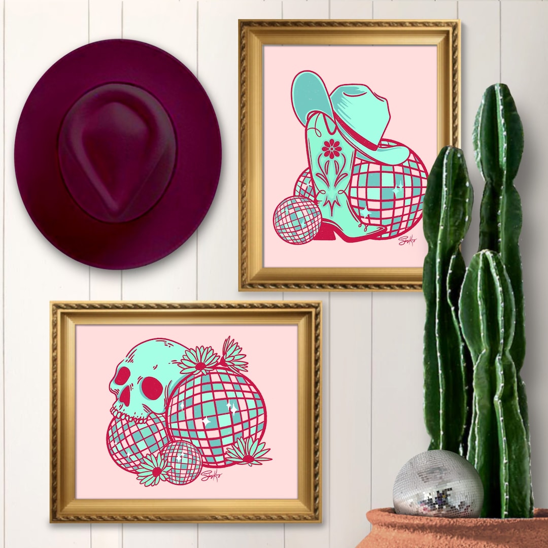 Disco Daisy Cowgirl Skull Art Teal and Maroon - Etsy