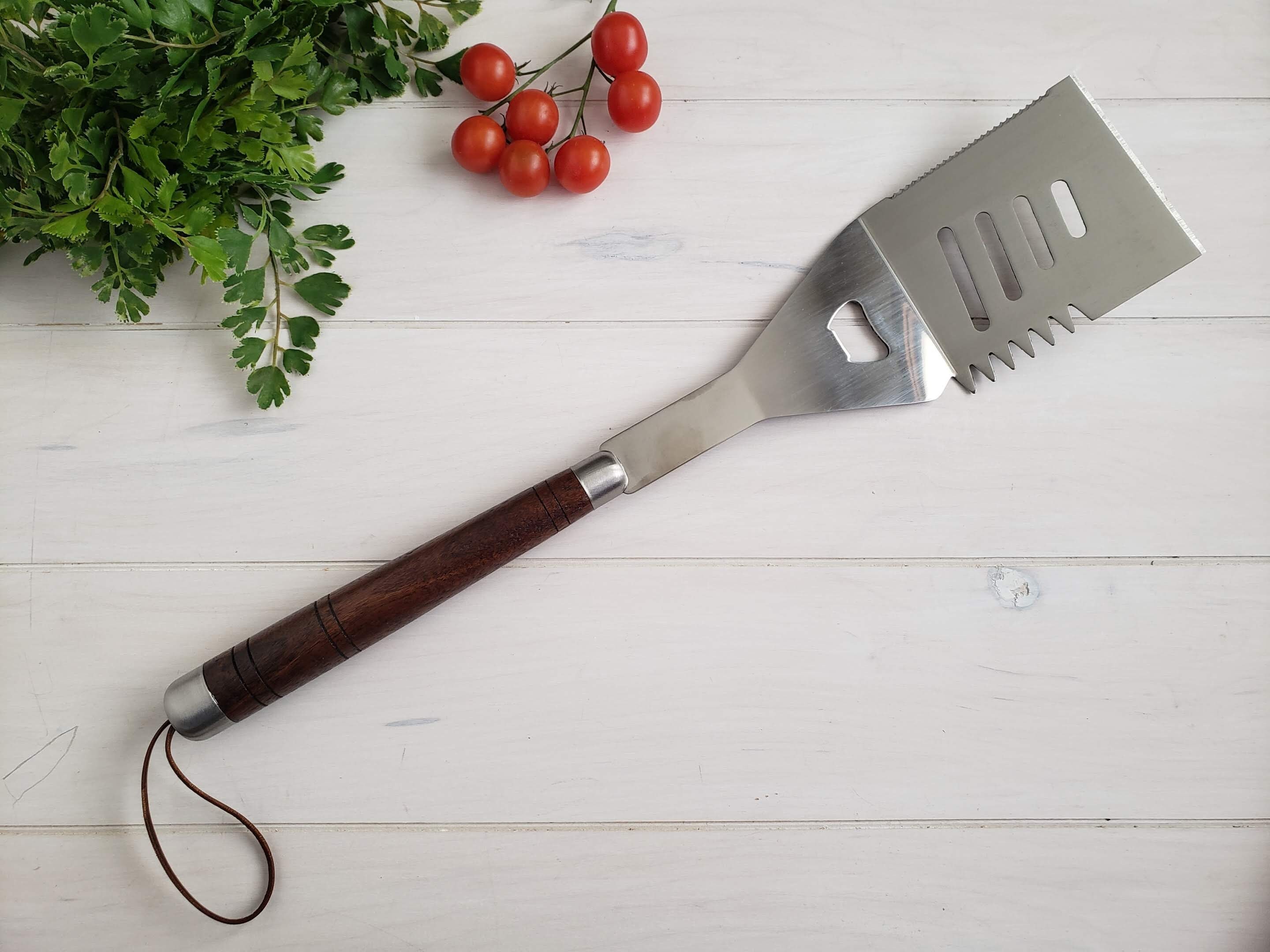 Wood Handle Grill Tool Set: Stainless Steel Spatula, Tongs & Fork - Etsy
