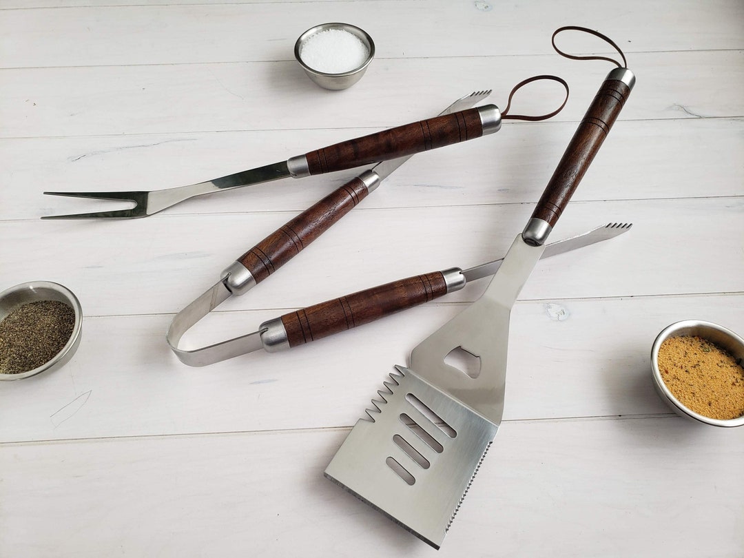 Wood Handle Grill Tool Set: Stainless Steel Spatula, Tongs & Fork - Etsy