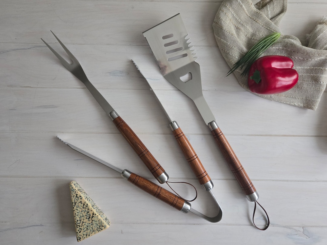 African Bengi Wood Handle Grill Tool Set: Heavy Duty BBQ Spatula, Tongs ...