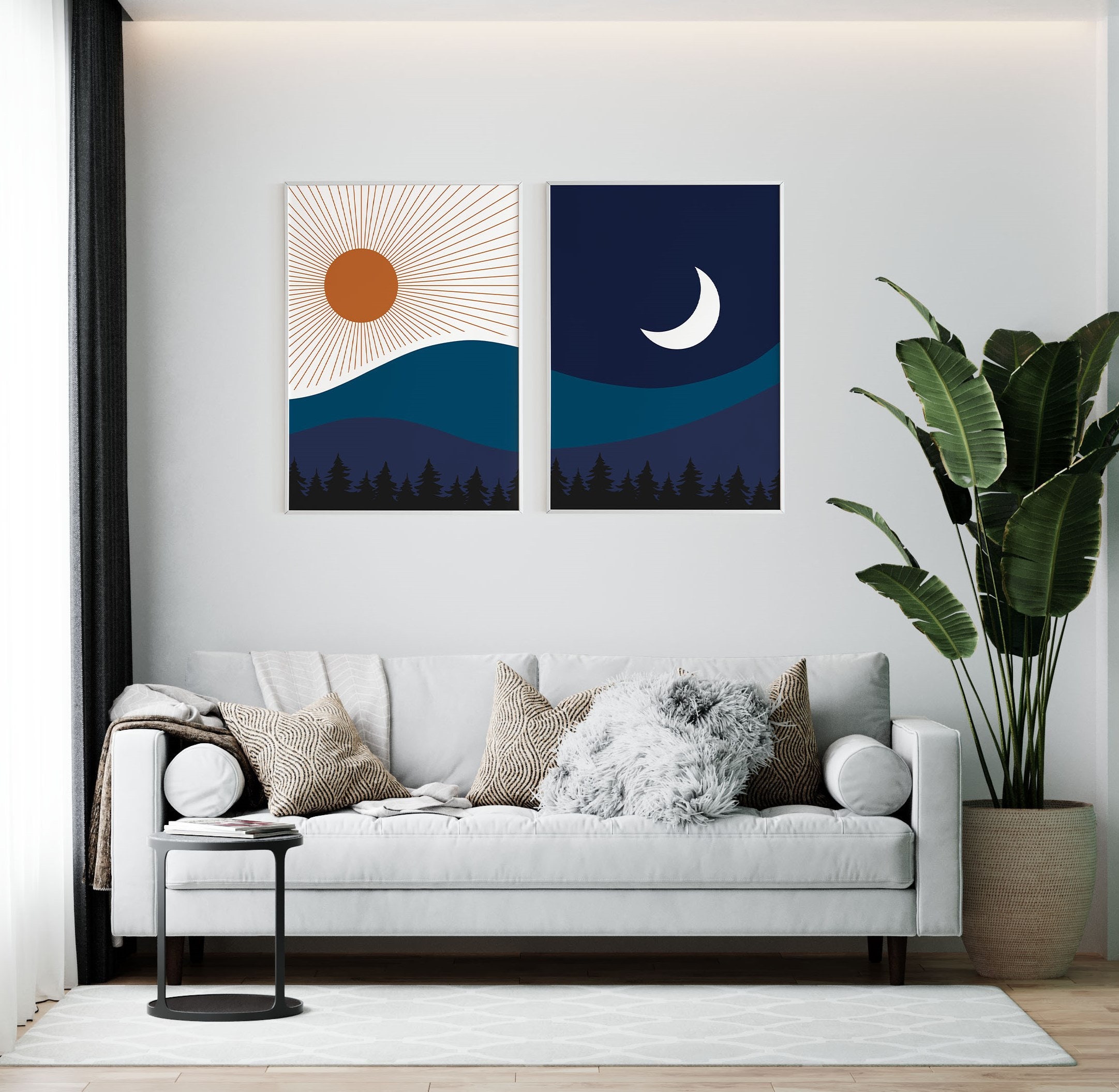 Sun and Moon Print Set of 2, Abstract Landscape, Terracotta Printable ...