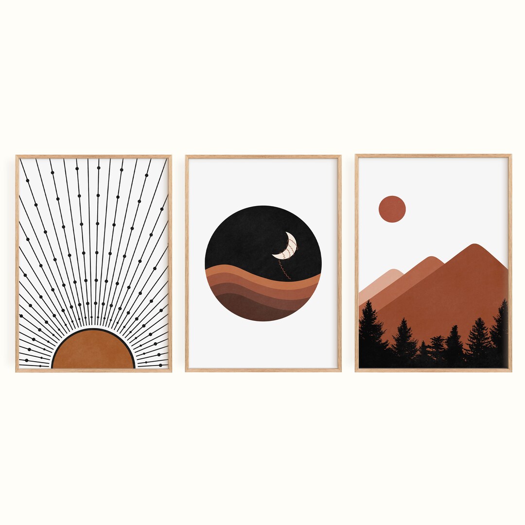 Boho Print Set of 3, Terracotta Wall Art, Abstract Landscape, Boho Sun ...