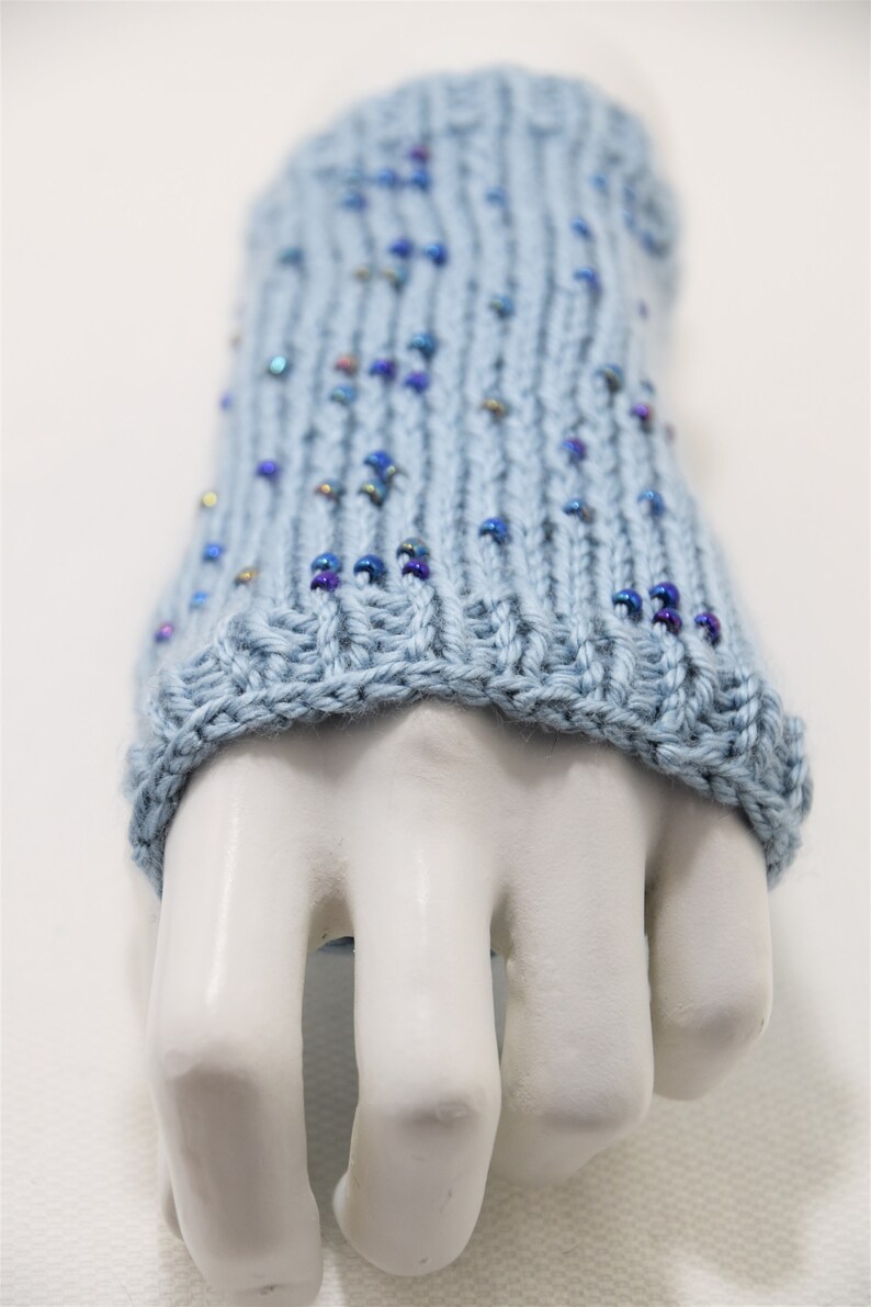 Light Blue Fingerless Gloves With Beaded Argyle Design, Hand Knit Mitts ...