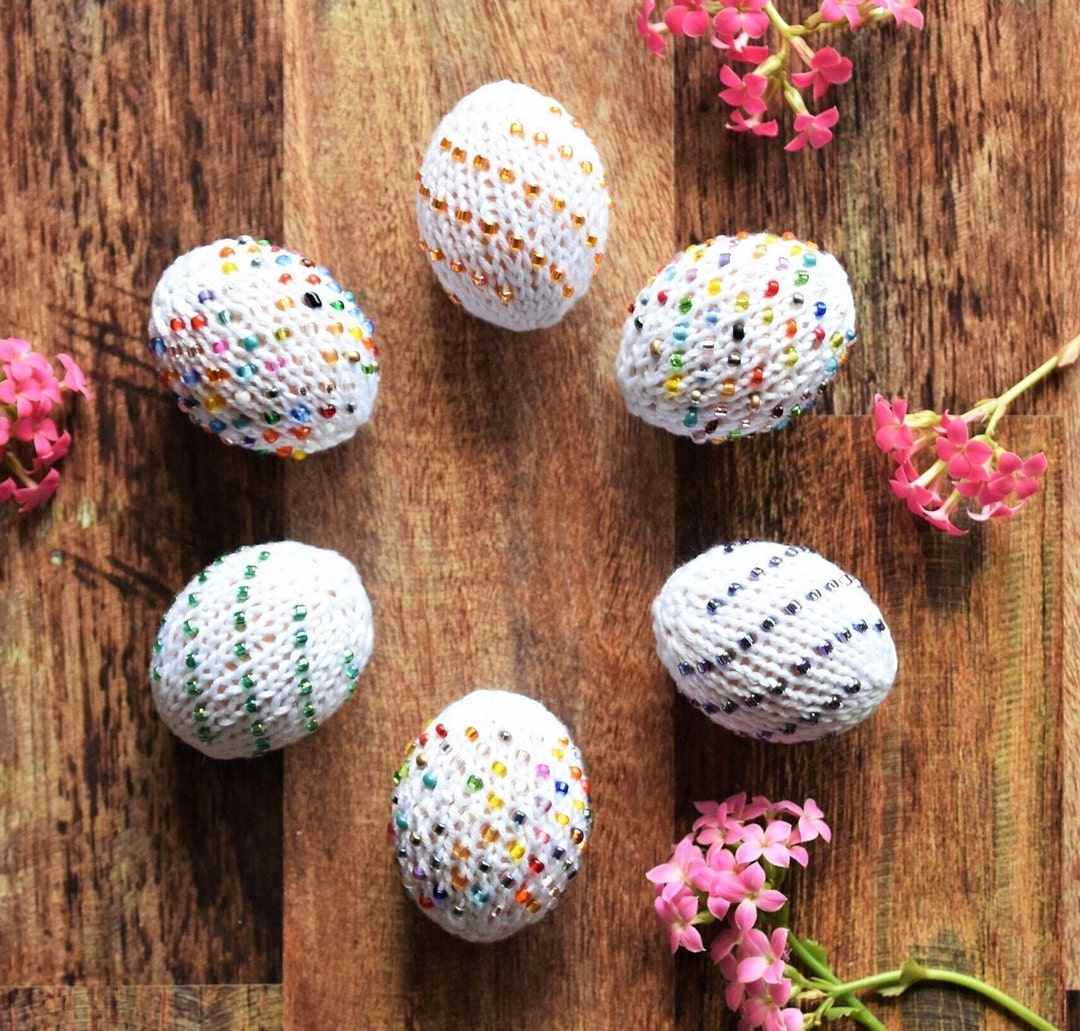 Hand Knit Set of 6 Easter Eggs With Beads, Spring Decor, Sparkley Easter Basket Decorations - Etsy