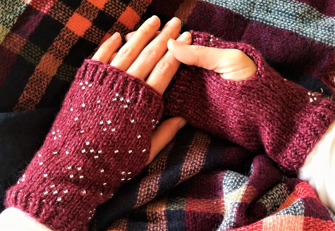 Hand Knit Burgundy Fingerless Mittens With Argyle Bead Design ...
