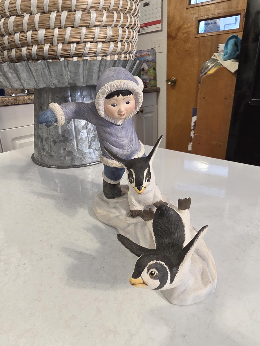 Watch Out Penguin Figure Sliding in Snow Eskimo Boy Michelle Emblem ...