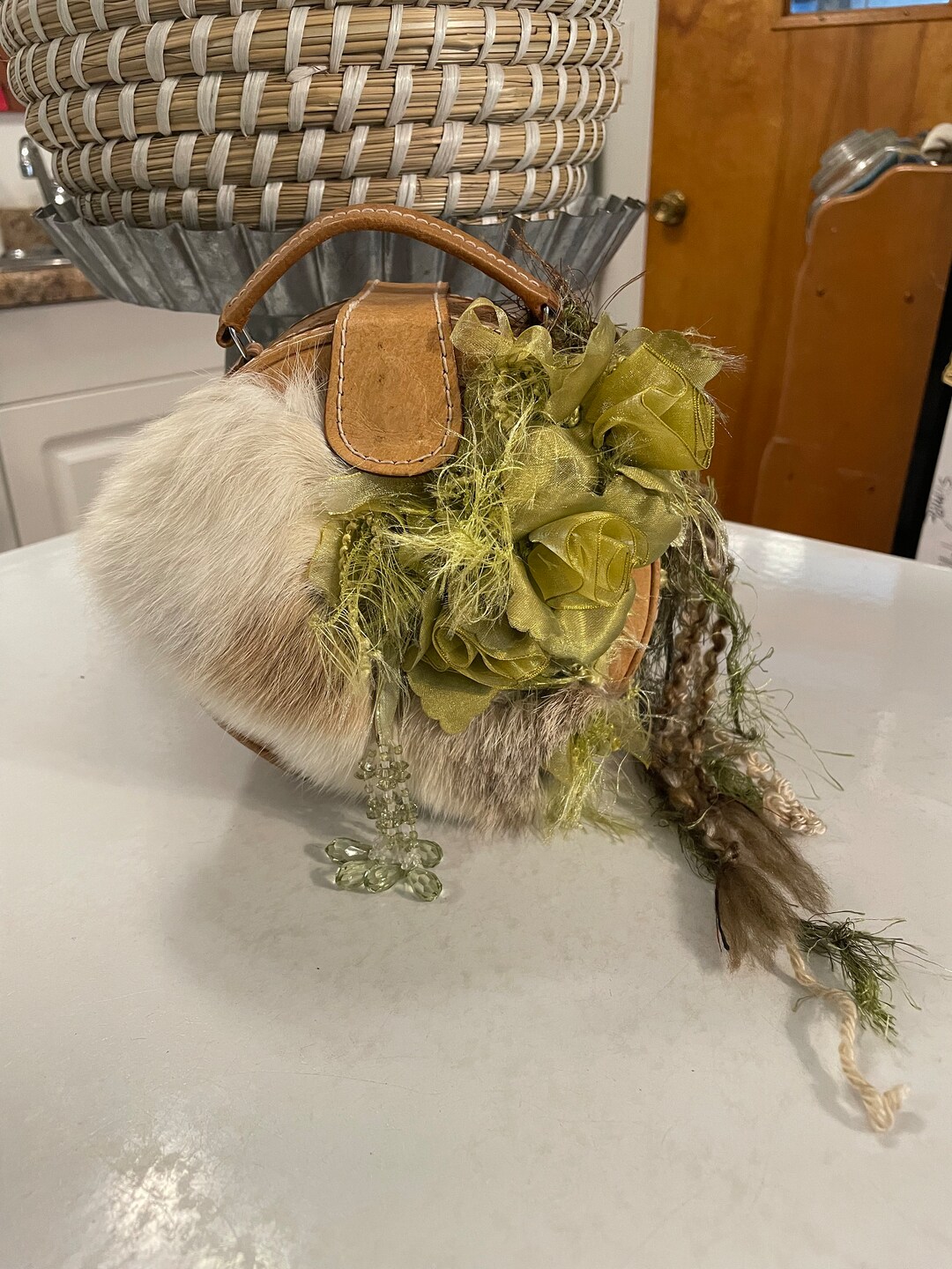 Jemima Bags Round Bamboo Small Satchel Purse Embellished With Fur, Bows ...