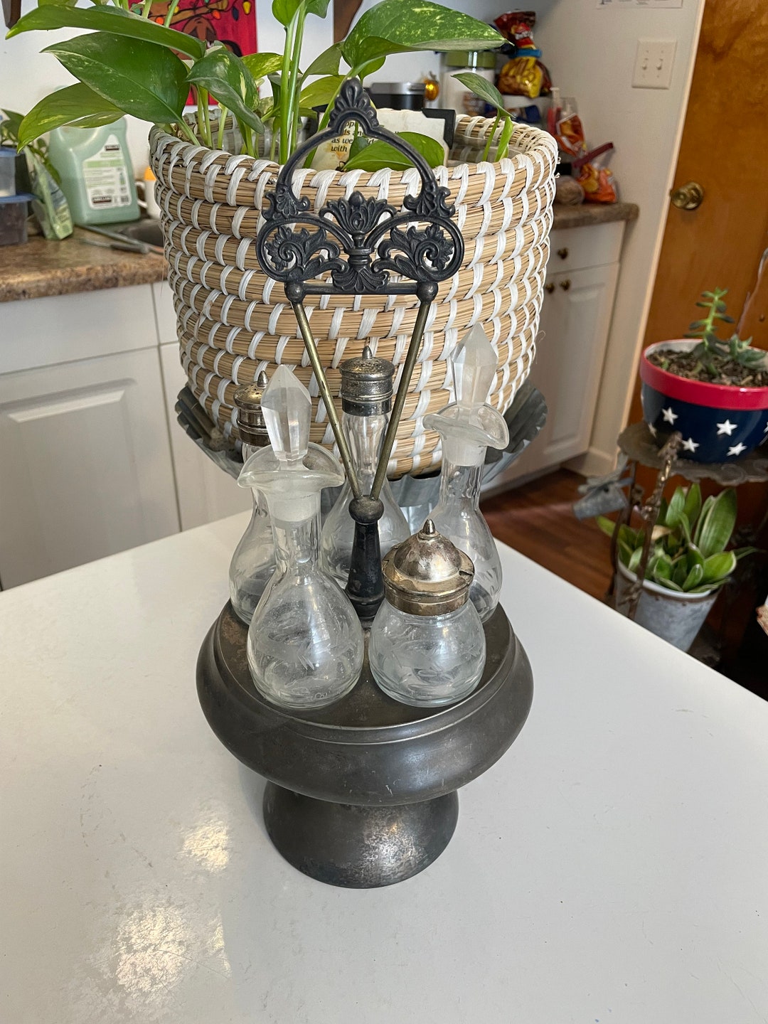 Vintage Victorian Silver Plate Cruet Caddy Condiment Set 5 Bottles for ...