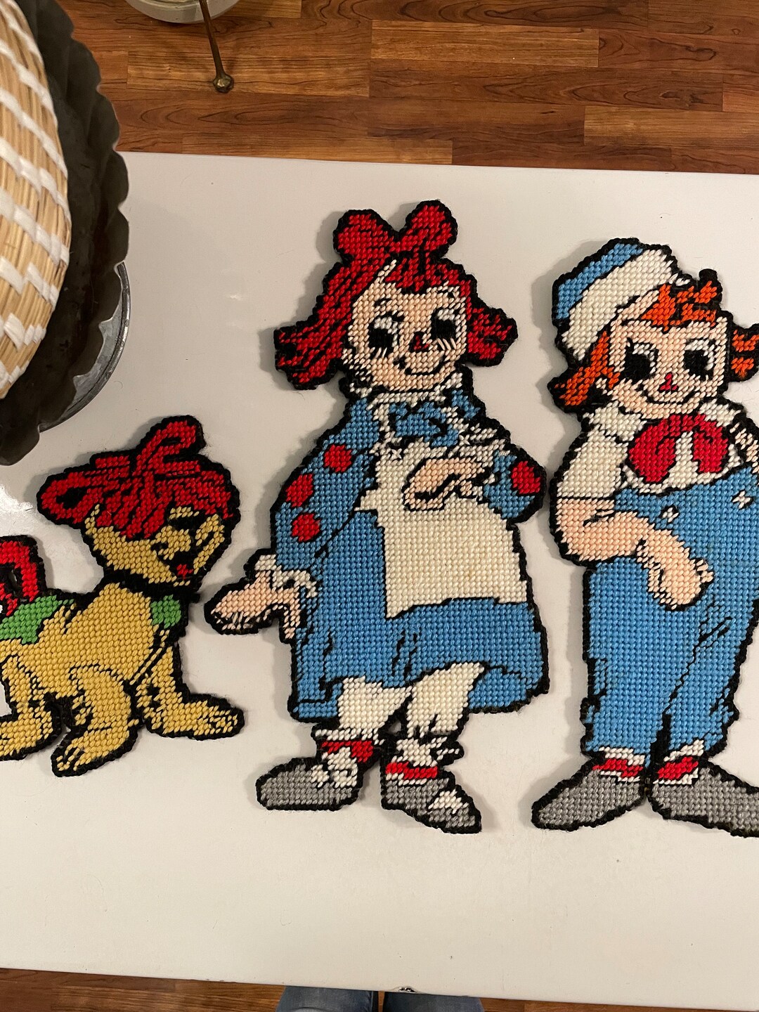 Raggedy Ann and Andy and Dog Rags Canvas Yarn Art 1970's Felt Backs - Etsy