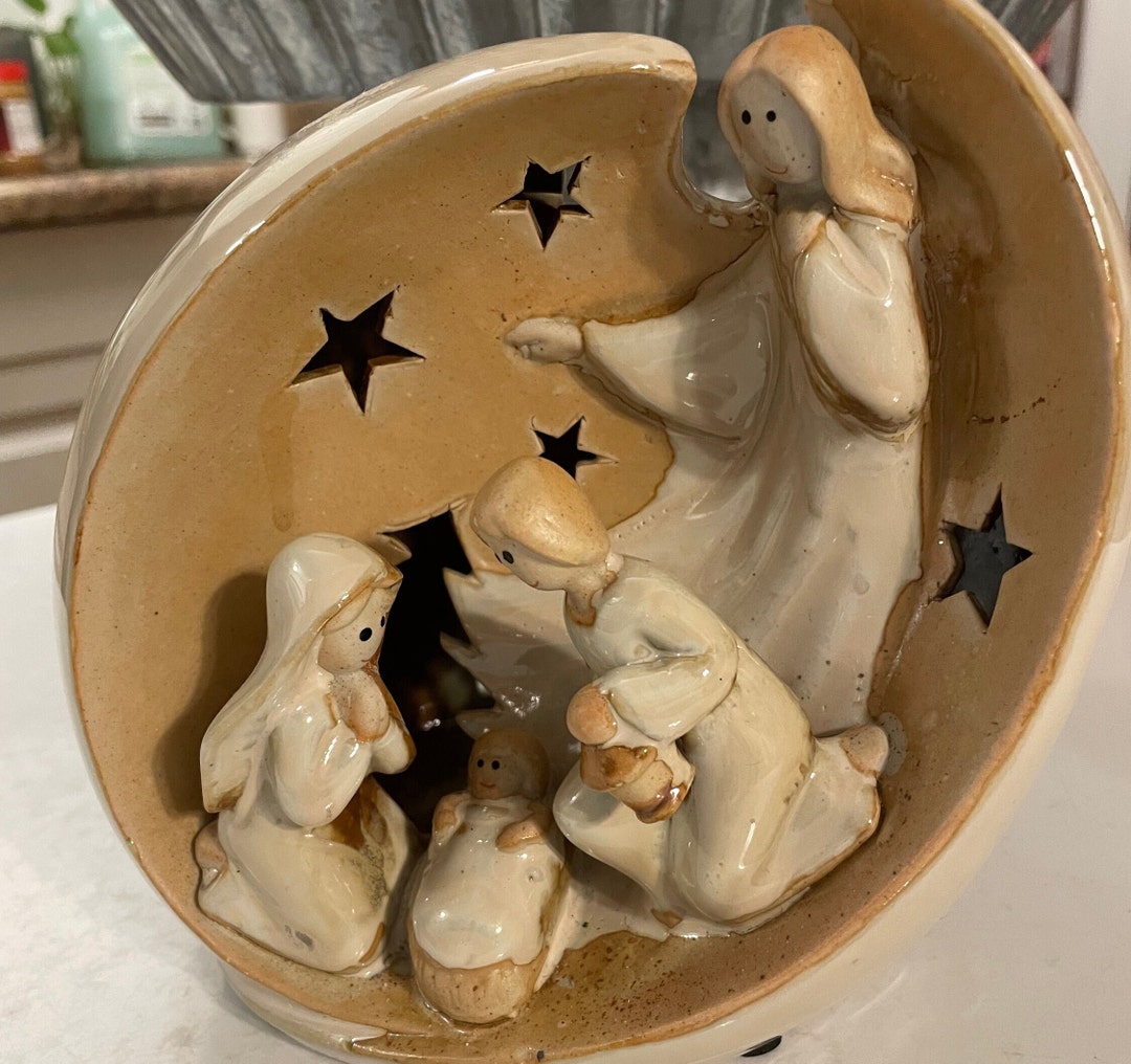 Glazed Pottery Nativity Scene Mary Josheph Baby Jesus and Angel Candle ...
