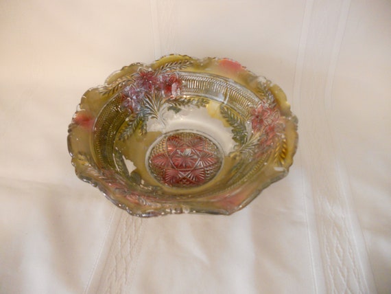 Vintage Goofus Glass Bowl Gold Red Flowers 9 Inch Diameter 3 - Etsy