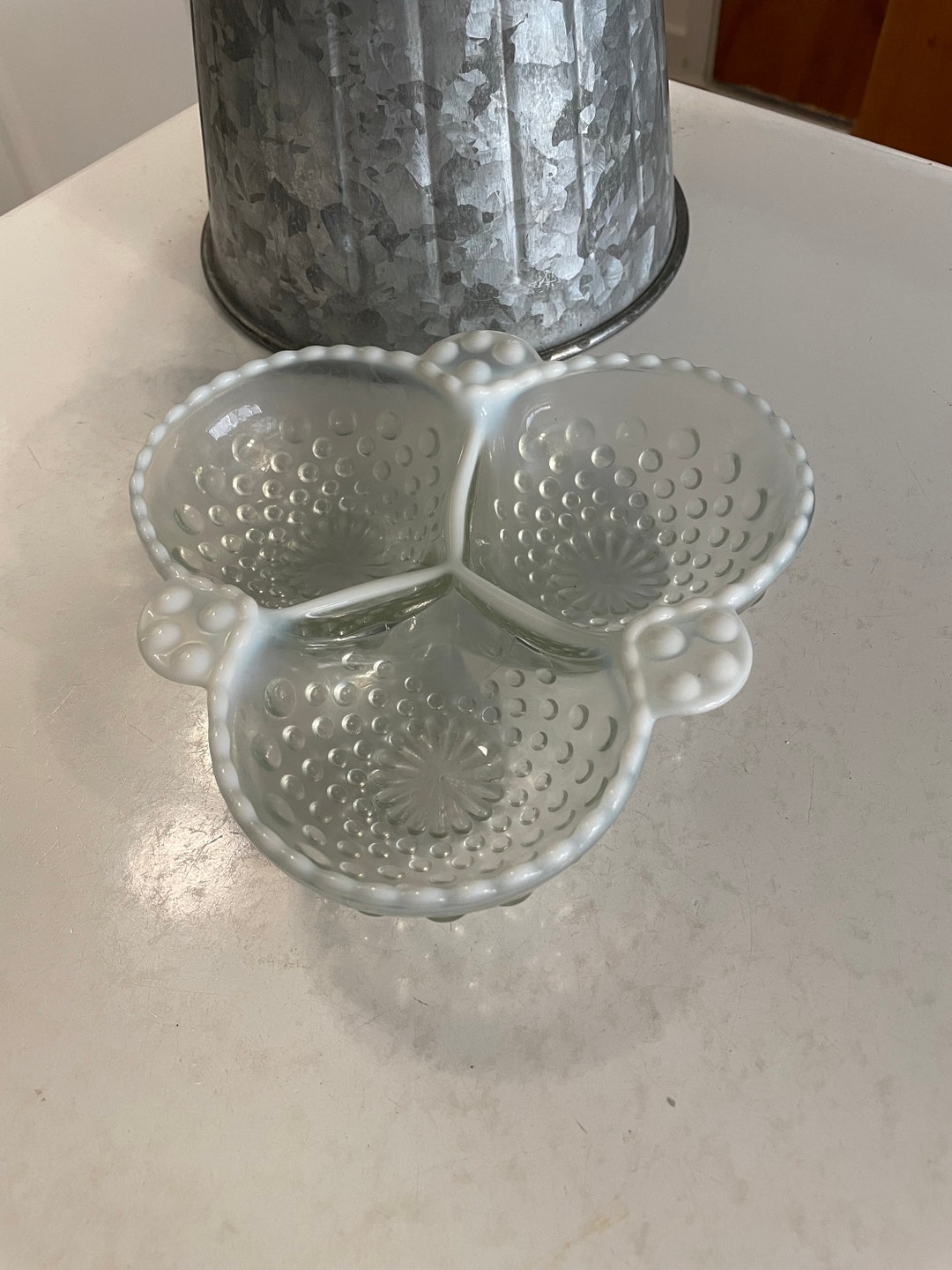 Fenton Moonstone Opalescent Hobnail 3 Section Dish for Condiments ...