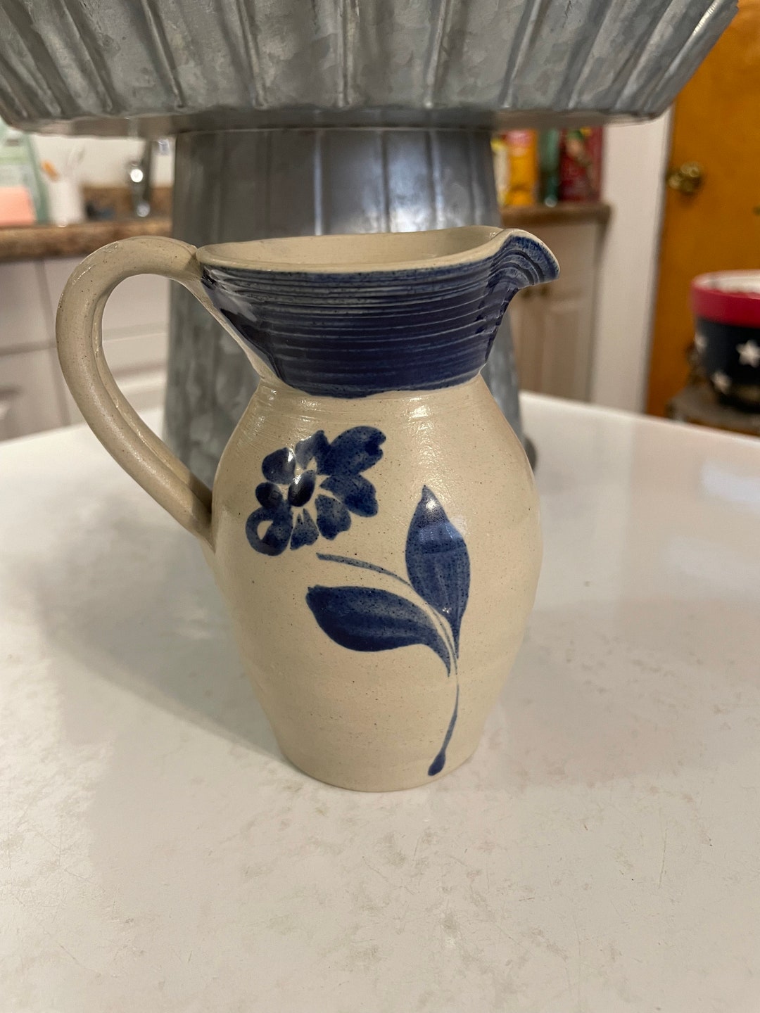 Williamsburg Pottery Pitcher Beige With Hand Painted Blue Stemmed ...