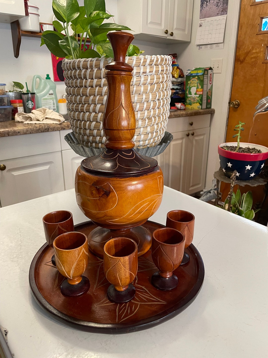Vintage Tooled Wood Wine Decanter With Tooled Tray and 5 Pedestal ...