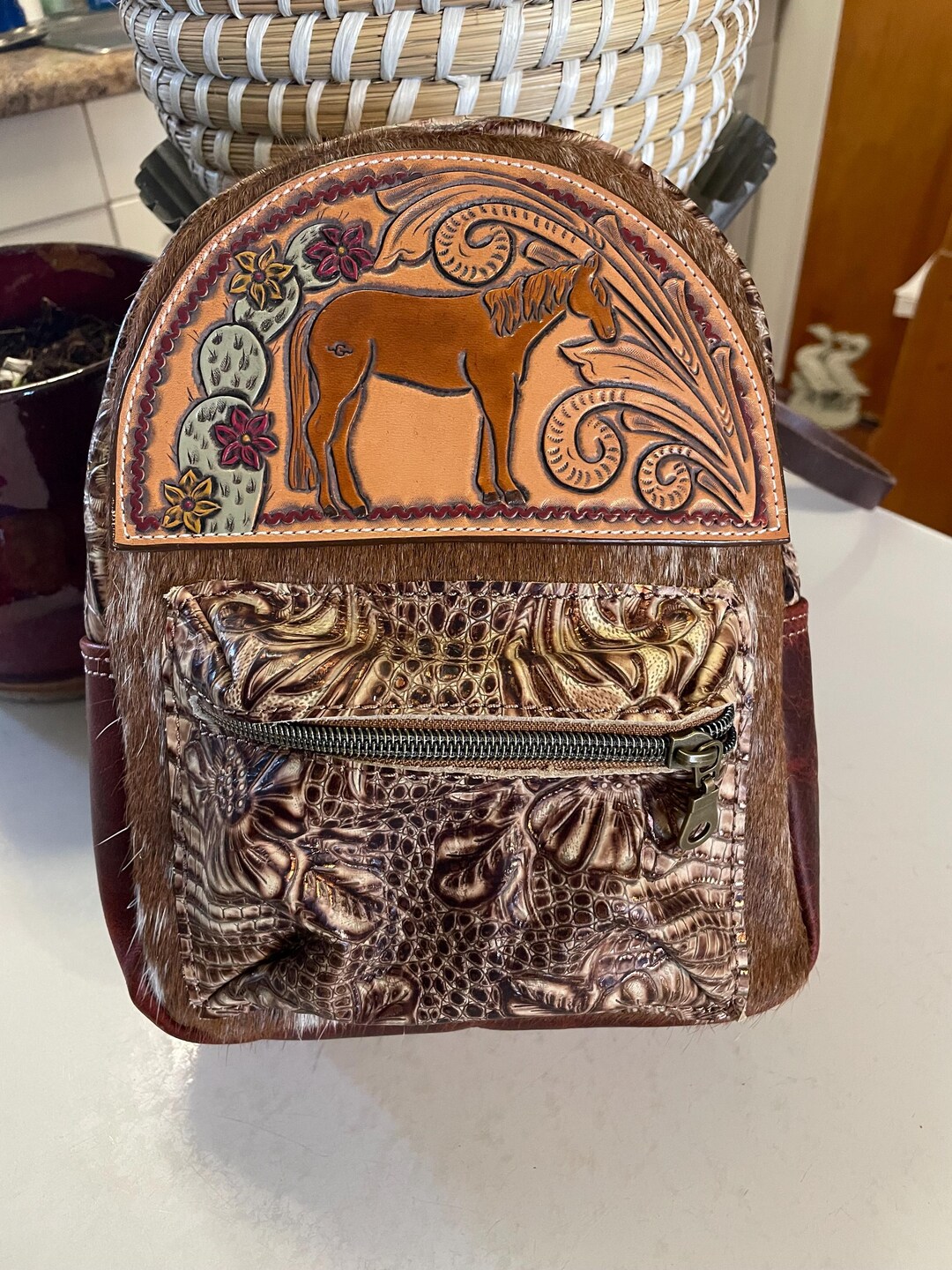 Handcrafted Tooled Leather Backpack Purse - Floral Pocket, Cowhide - Etsy