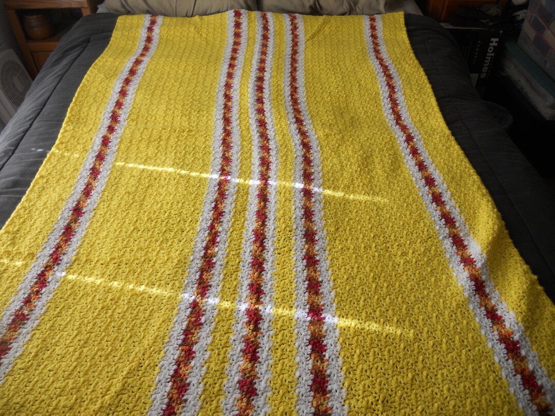 Beautiful Hand Crochet Afghan Striped in Yellow, White and Varigated ...