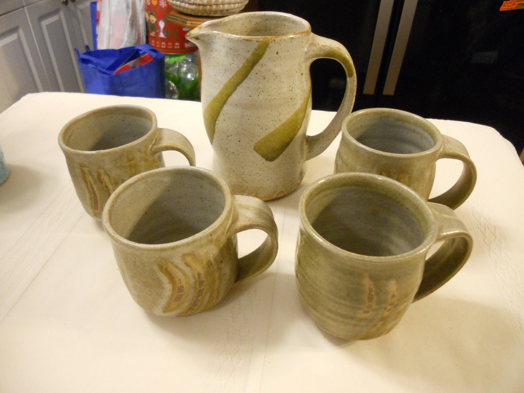 Earthy Pottery Pitcher and Mug Set, Cream and Brown, Marked 'M' - Etsy